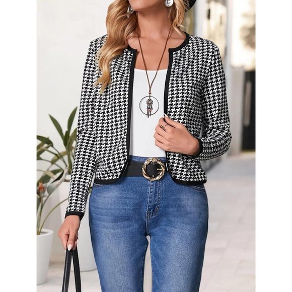 Jackets & Coats | Houndstooth Print Cropped Jacket Open Front Blazer ...